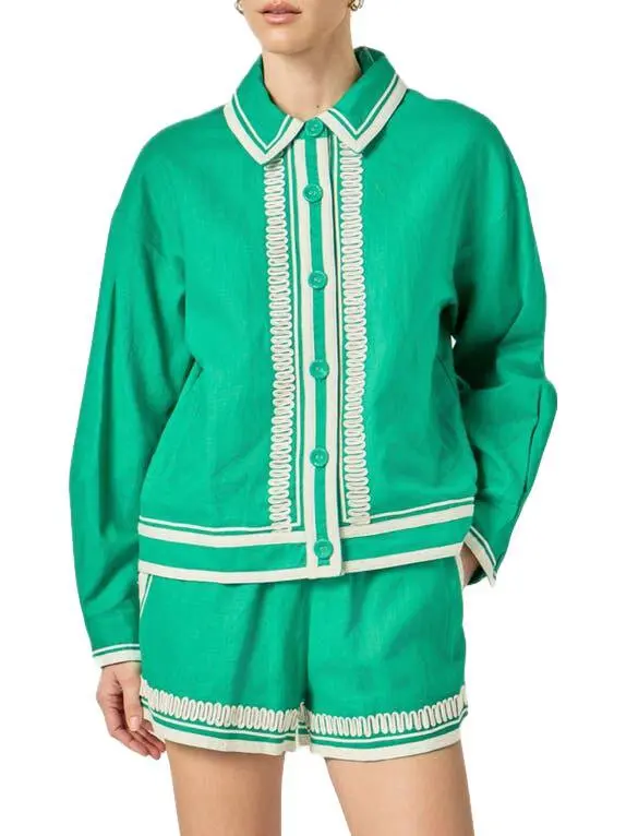 English Factory Embroidered Linen & Cotton Jacket - Kelly Green