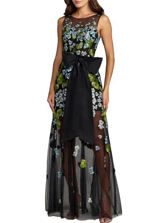 Mac Duggal Sleeveless Mesh Applique Gown With Bow Belt - Blue Multi