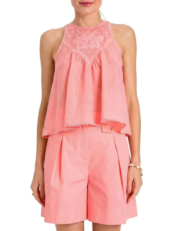 TWINSET Embroidered Sleeveless Linen & Cotton Top - Pink