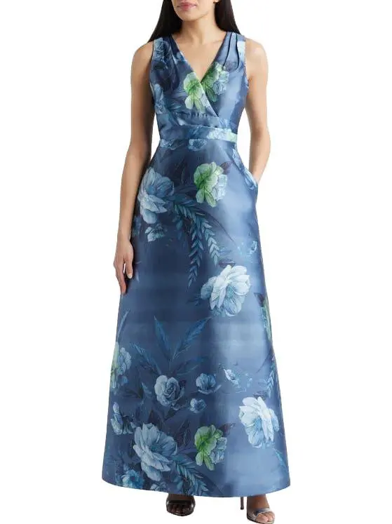 KAY UNGER Rosalind Floral Evening Gown - Teal Blue