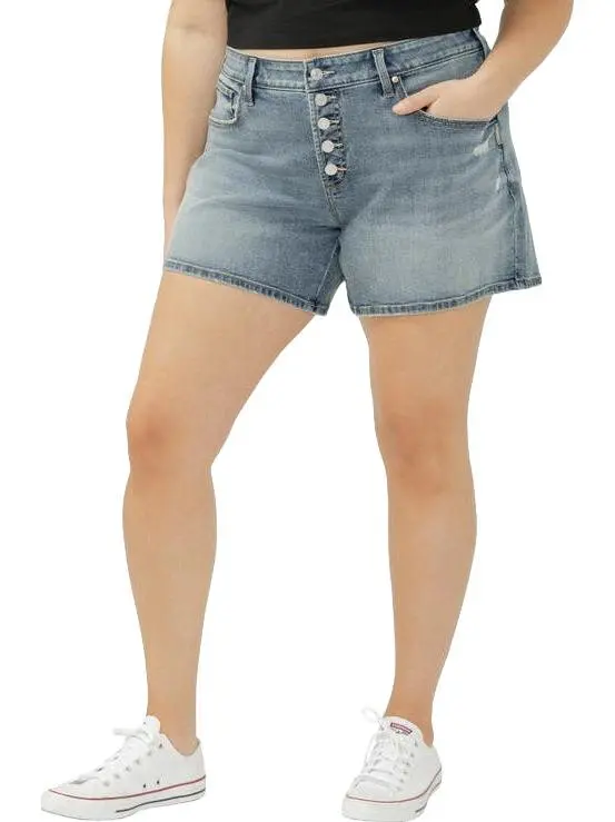 SILVER JEANS CO. Exposed Button Mid Rise Denim Boyfriend Shorts - Summers Beach