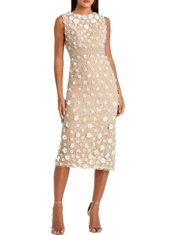Mac Duggal Floral Applique Midi Dress - Ivory Nude