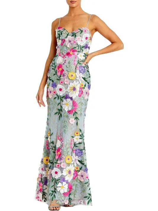 Mac Duggal Floral Embroidered Bustier Gown - Sage Multi