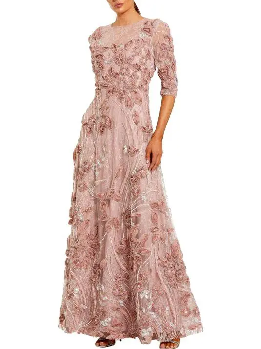 Mac Duggal Embellished Lace Gown With Sleeves - Mocha