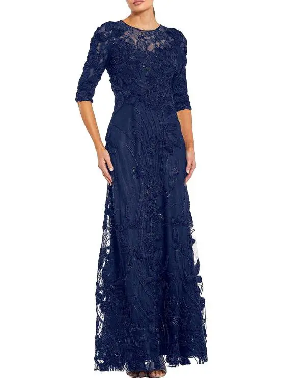 Mac Duggal Embellished Lace Gown With Sleeves - Navy