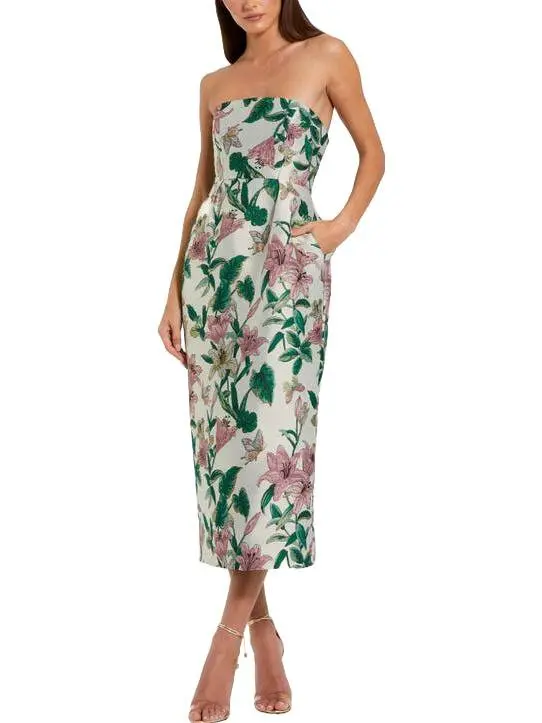 Mac Duggal Floral Brocade Strapless Midi Dress - Lily
