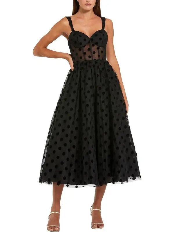 Mac Duggal Polka Dot Bustier A-line Midi Dress - Black