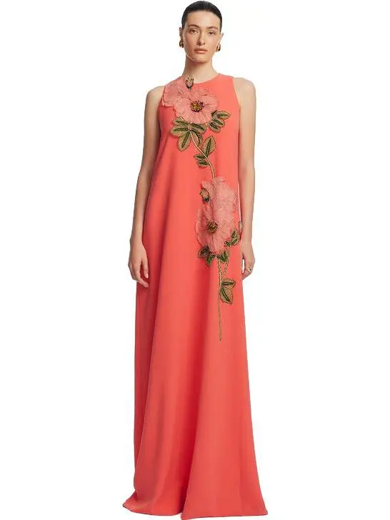 Lela Rose Peony Embroidered Crepe Francie Gown - Red