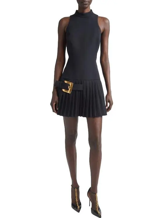 Balmain Belted Wool Grain De Poudre Minidress - Black