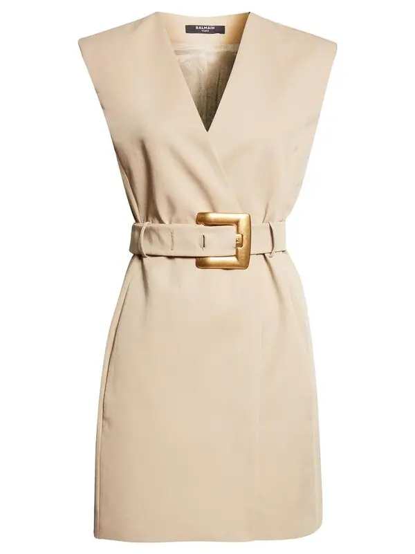 Balmain Belted Cotton Gabardine Wrap Minidress - 0an Sand