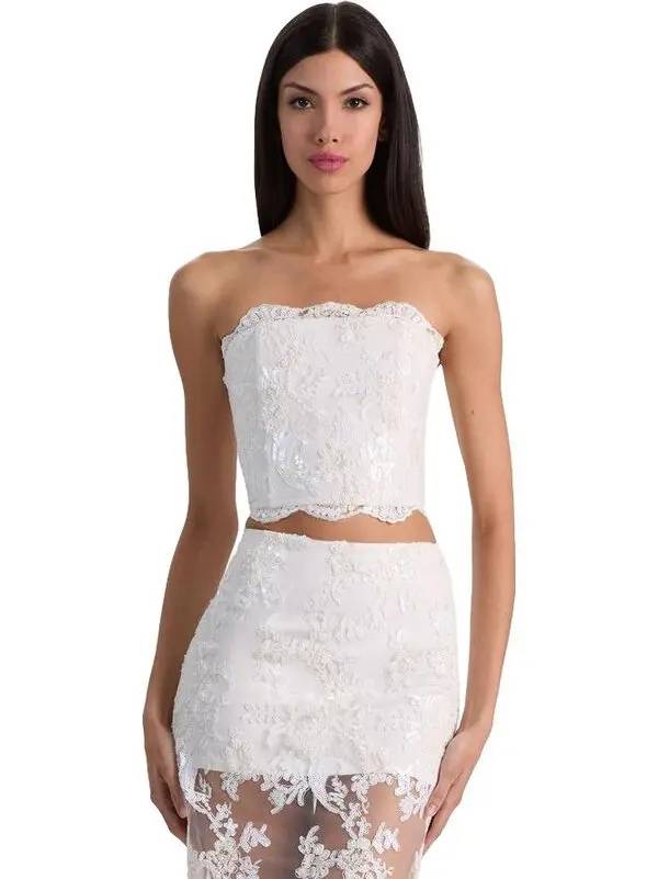 Alice + Olivia Embellished Lace Bandeau Top - White