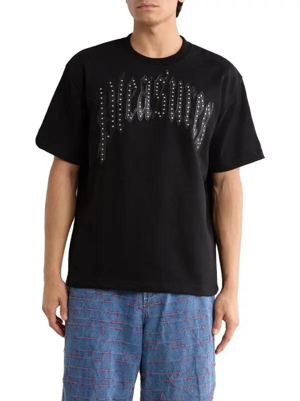 PLEASURES Twitch Leather Appliqué & Rhinestone T-shirt - Black