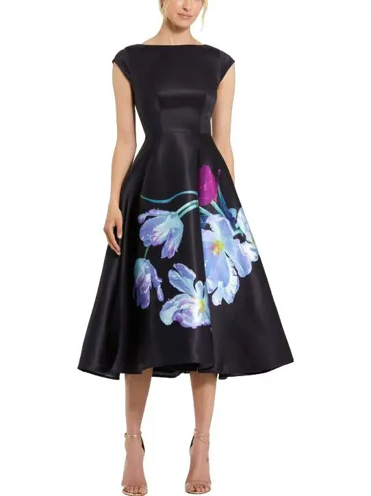 Mac Duggal Satin Floral Print Midi Dress - Black Multi