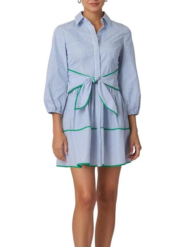Shoshanna Cotton Pinstripe Chatfield Mini Dress - French Blue/optic/green