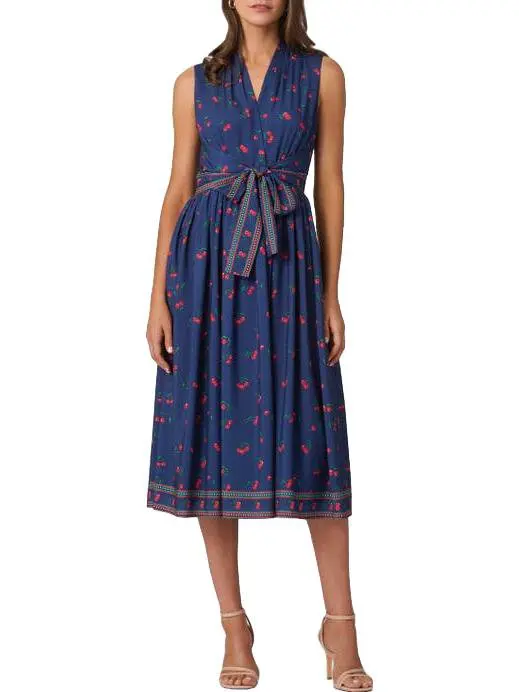 Shoshanna Cherry Print Crepe De Chine Thorton Dress - Navy/cherry