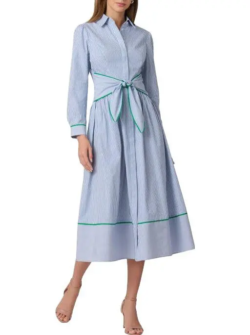 Shoshanna Cotton Pinstripe Clarice Midi Shirt Dress - French Blue/optic/green