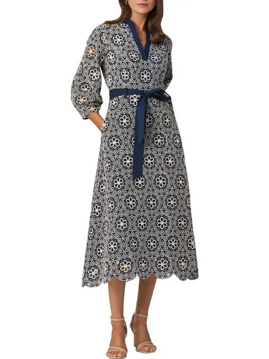 Shoshanna Medallion Cotton Eyelet Ralston Midi Dress - Navy/ivory