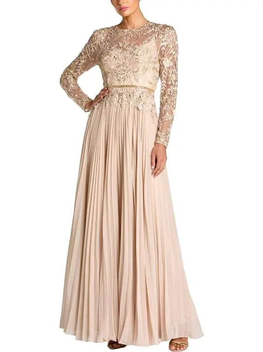 Mac Duggal Long Sleeve Chiffon Embellished Gown - Taupe
