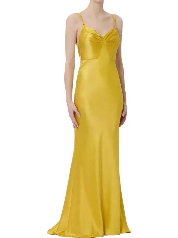 Elisabetta Franchi V-neck Spaghetti Strap Satin Evening Dress - Yellow