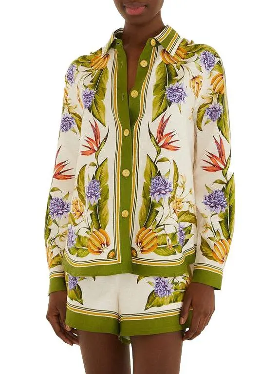 Farm Rio Tropical Scarf Print Button-up Shirt - Sand