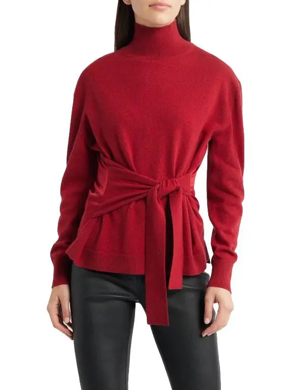 BOSS Tie Waist Mixed Media Turtleneck Sweater - Deep Ruby