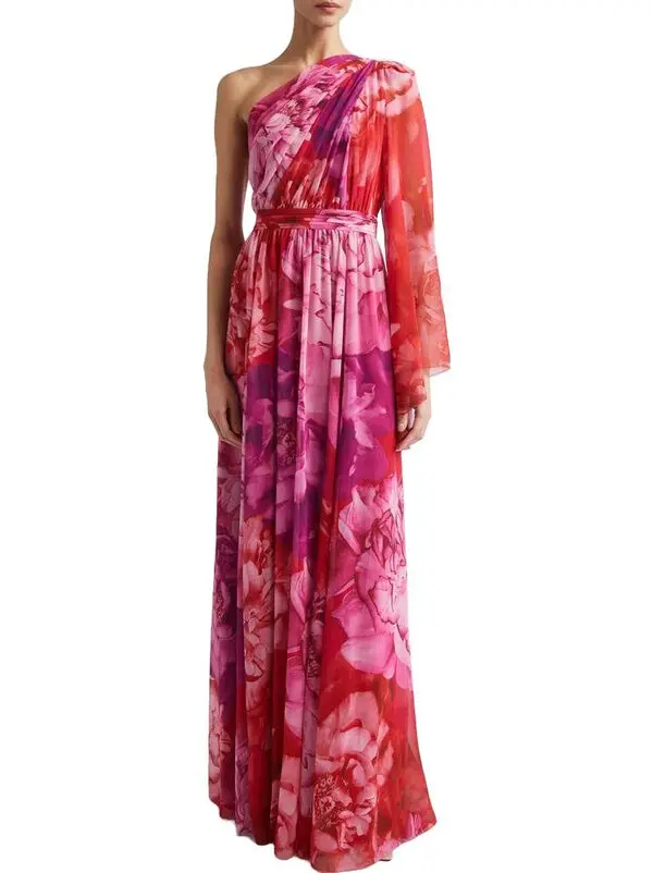 St. John Le Jardin Print Georgette One-shoulder Gown - Cherry Pink/peony Multi