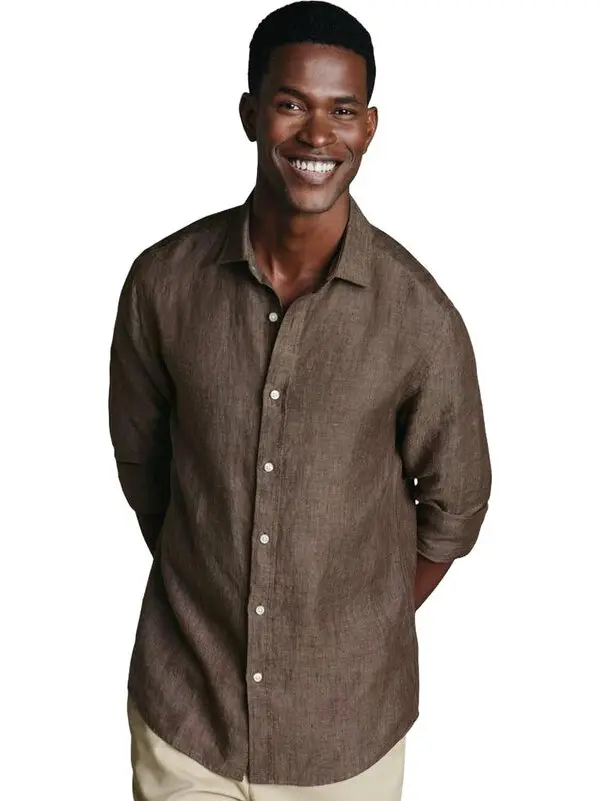 CHARLES TYRWHITT Plain Pure Linen Shirt - Mocha