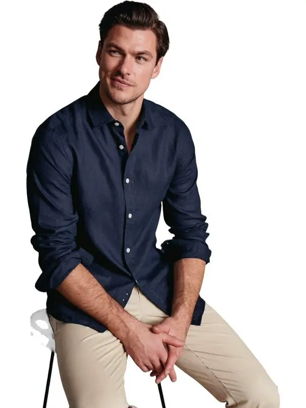 CHARLES TYRWHITT Plain Pure Linen Shirt - Navy