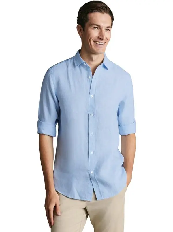 CHARLES TYRWHITT Plain Pure Linen Shirt - Sky Blue