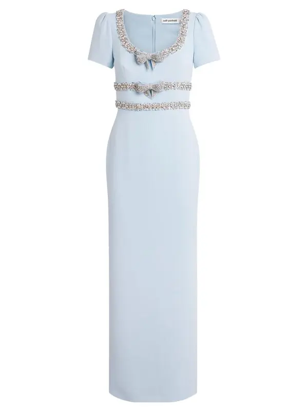 SELF-PORTRAIT Crepe Embellished Bow Maxi Dress - Blue