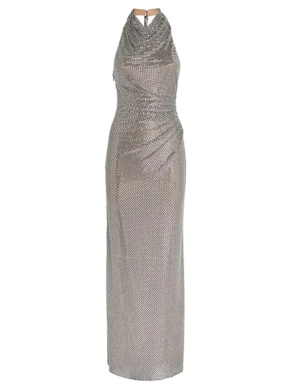 SELF-PORTRAIT Rhinestone Draped Maxi Dress - Grey