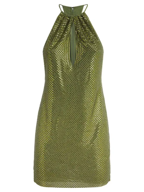 SELF-PORTRAIT Rhinestone Halterneck Mini Dress - Green