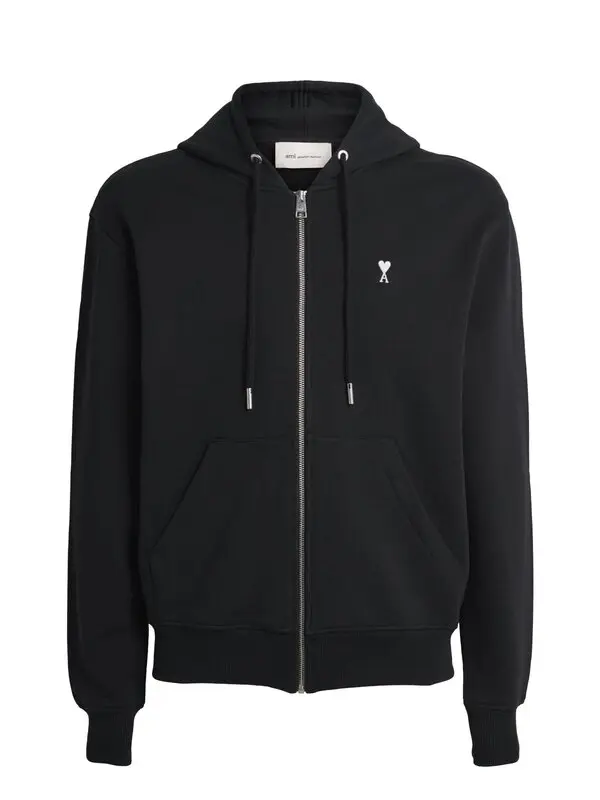 Ami Cotton De Coeur Zip-up Hoodie - Black