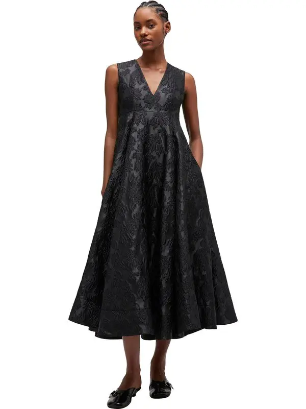 GANNI Satin Cloque Long Dress - Black