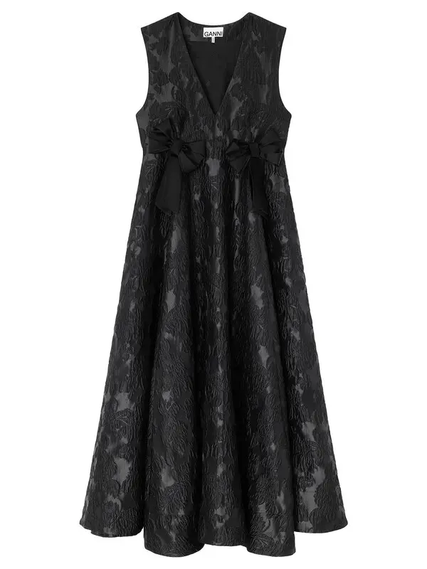 GANNI Satin Cloque Long Dress - Black