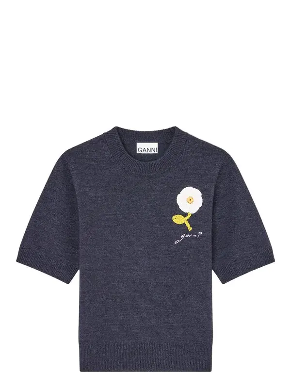 GANNI Round Neck Short Sleeve Tee With Crochet Flower Applique - Mixed