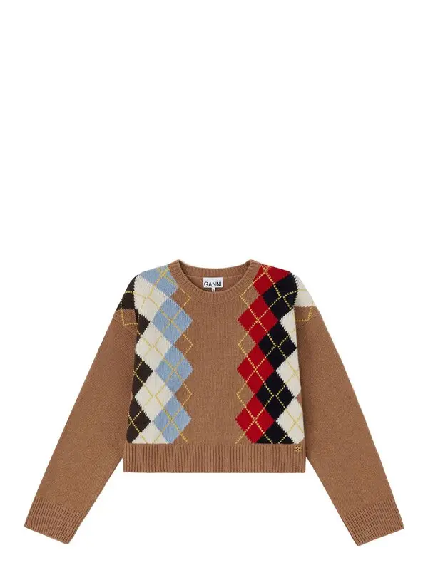GANNI Argyle Patterned Long Sleeve Sweater - Beige