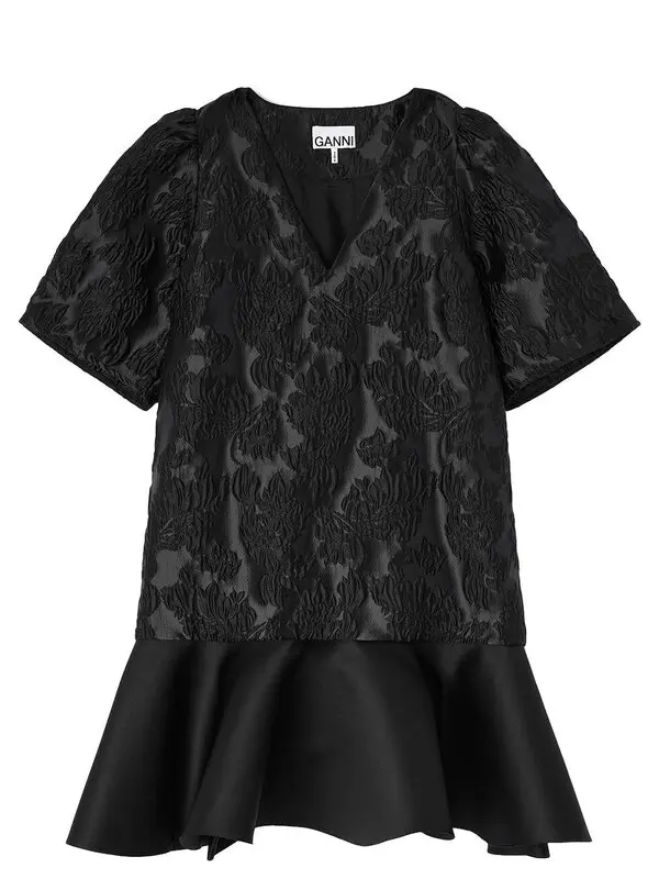 GANNI Satin Cloque Mini Dress - Black