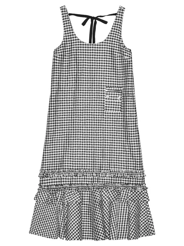 GANNI Crinkled Check Long Dress - Black