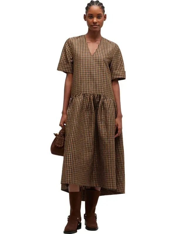 GANNI Crinkled Check Long Dress - Brown