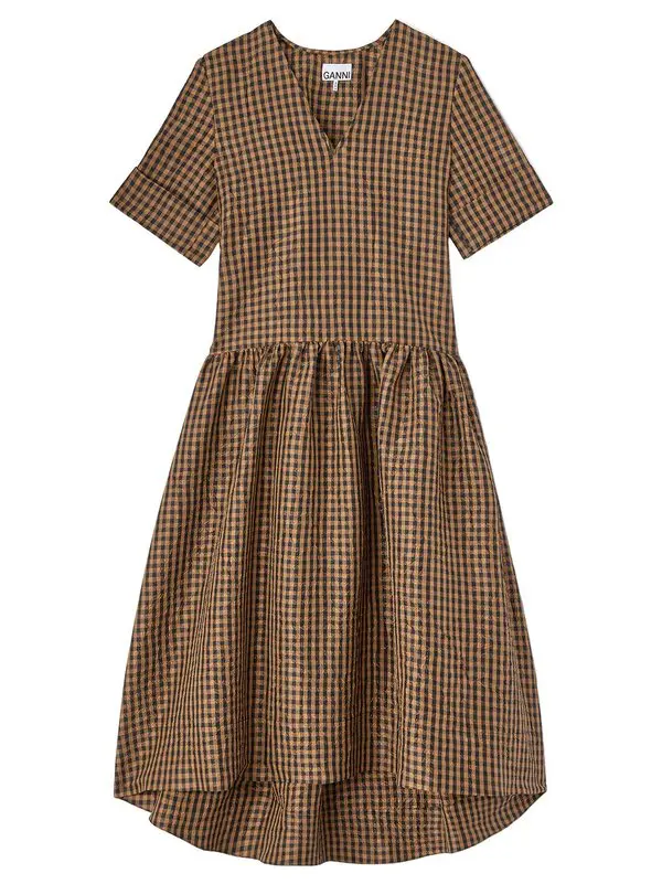 GANNI Crinkled Check Long Dress - Brown