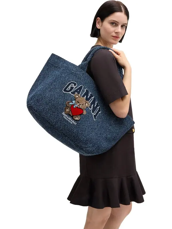 GANNI Denim Bear Tote - Navy