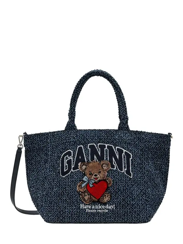 GANNI Tweed Denim Small Bear Tote - Navy