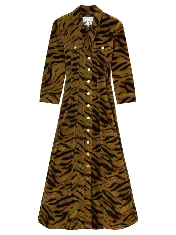 GANNI Tiger Print Denim Shirt Dress - Green