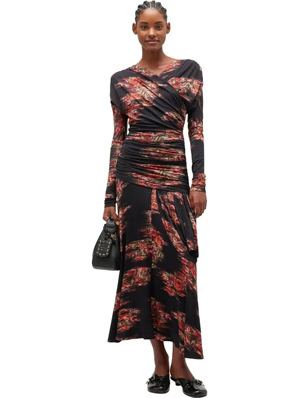 GANNI Floral Ruched Midi Dress - Black