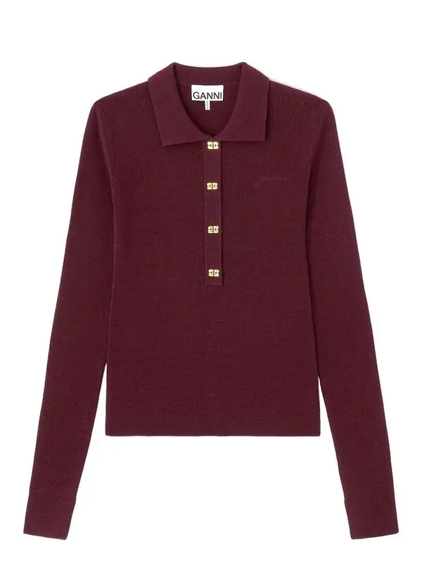 GANNI Knitted Polo Shirt - Dark Red