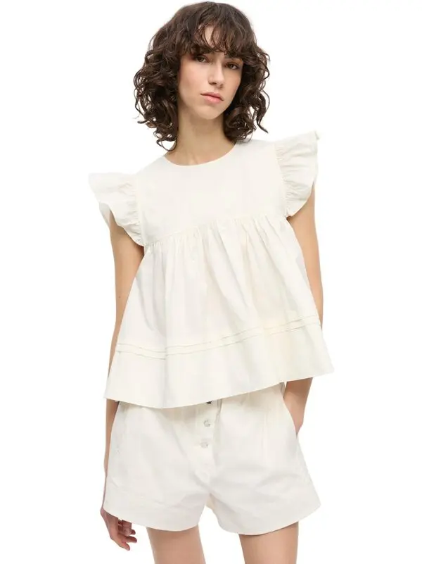GANNI Stretch Cotton Frill Sleeve Top - White