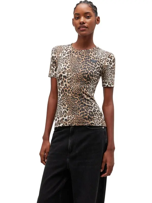 GANNI Leopard Print Rib T-shirt - Mixed