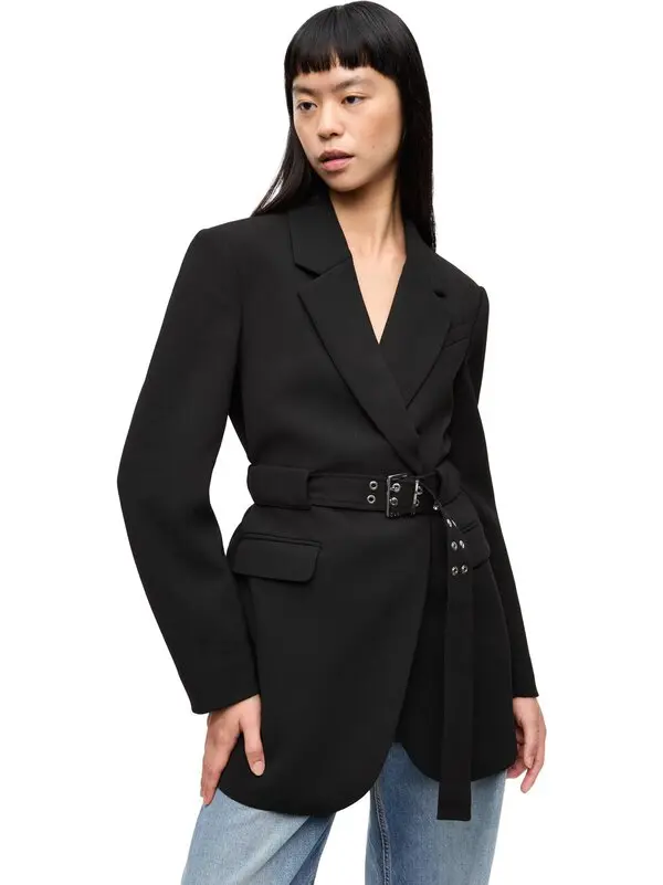 GANNI Bonded Crepe Belted Blazer - Black