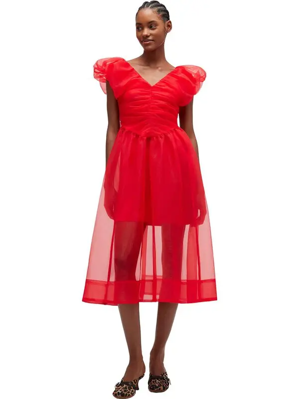 GANNI Organza Ruched Dress - Red